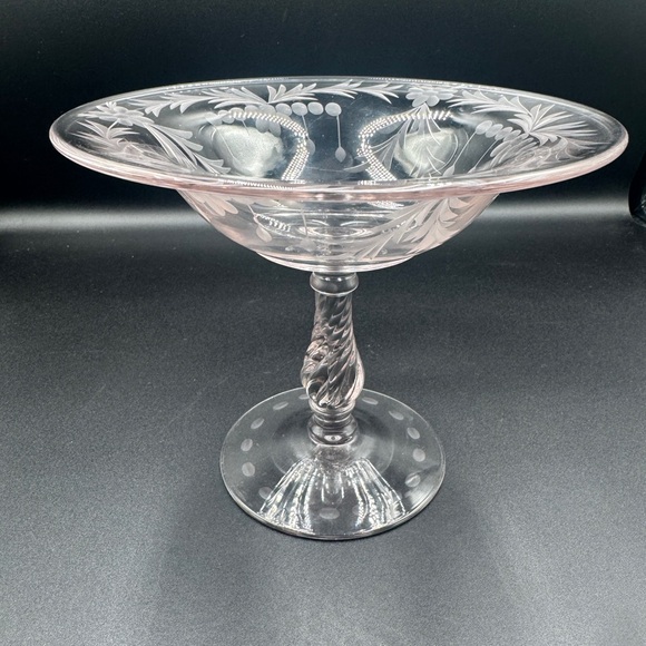 Dining | Vintage Pink Etched Glass Compote Sherbet Dish Twisted Stem ...